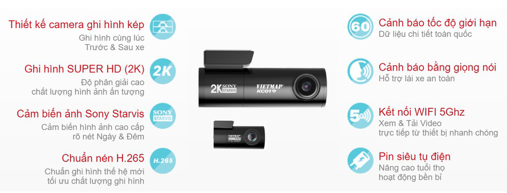 Camera hành trình VIETMAP KC01 trước sau