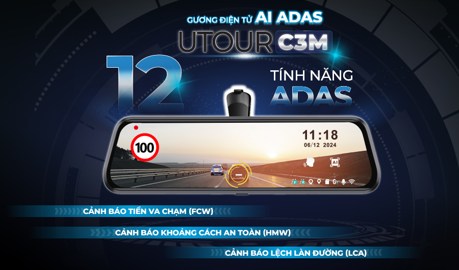 Camera hành trình gương UTOUR C3M cảnh báo siêu thông minh